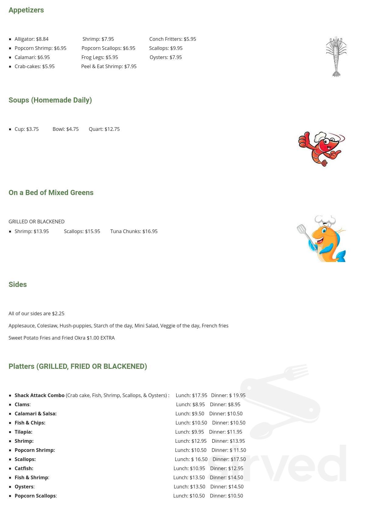 The Sea Shack menu in Hilton Head Island, South Carolina, USA