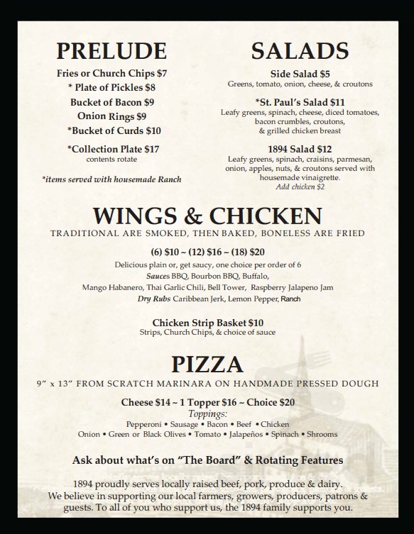 1894 menu in Perham, Minnesota, USA