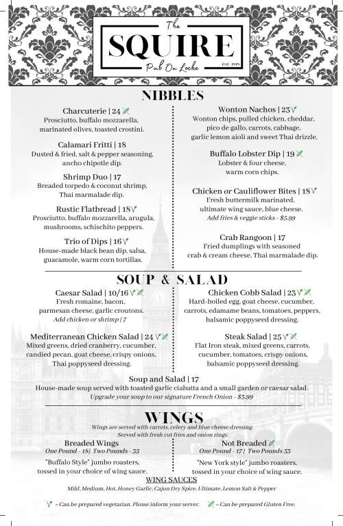 The Squire - Pub on Locke menu in Hamilton, Ontario, Canada