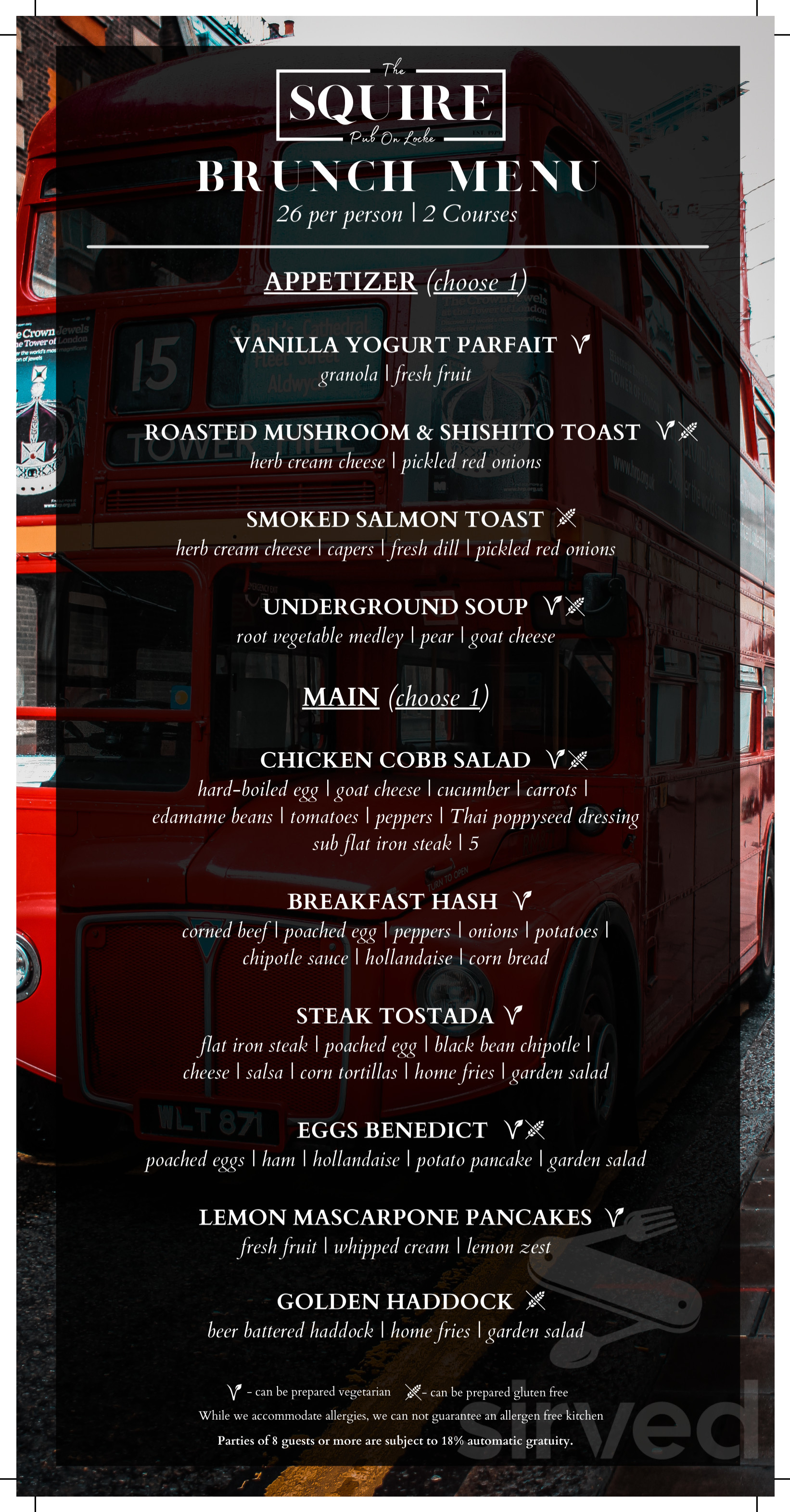 The Squire - Pub on Locke menu in Hamilton, Ontario, Canada
