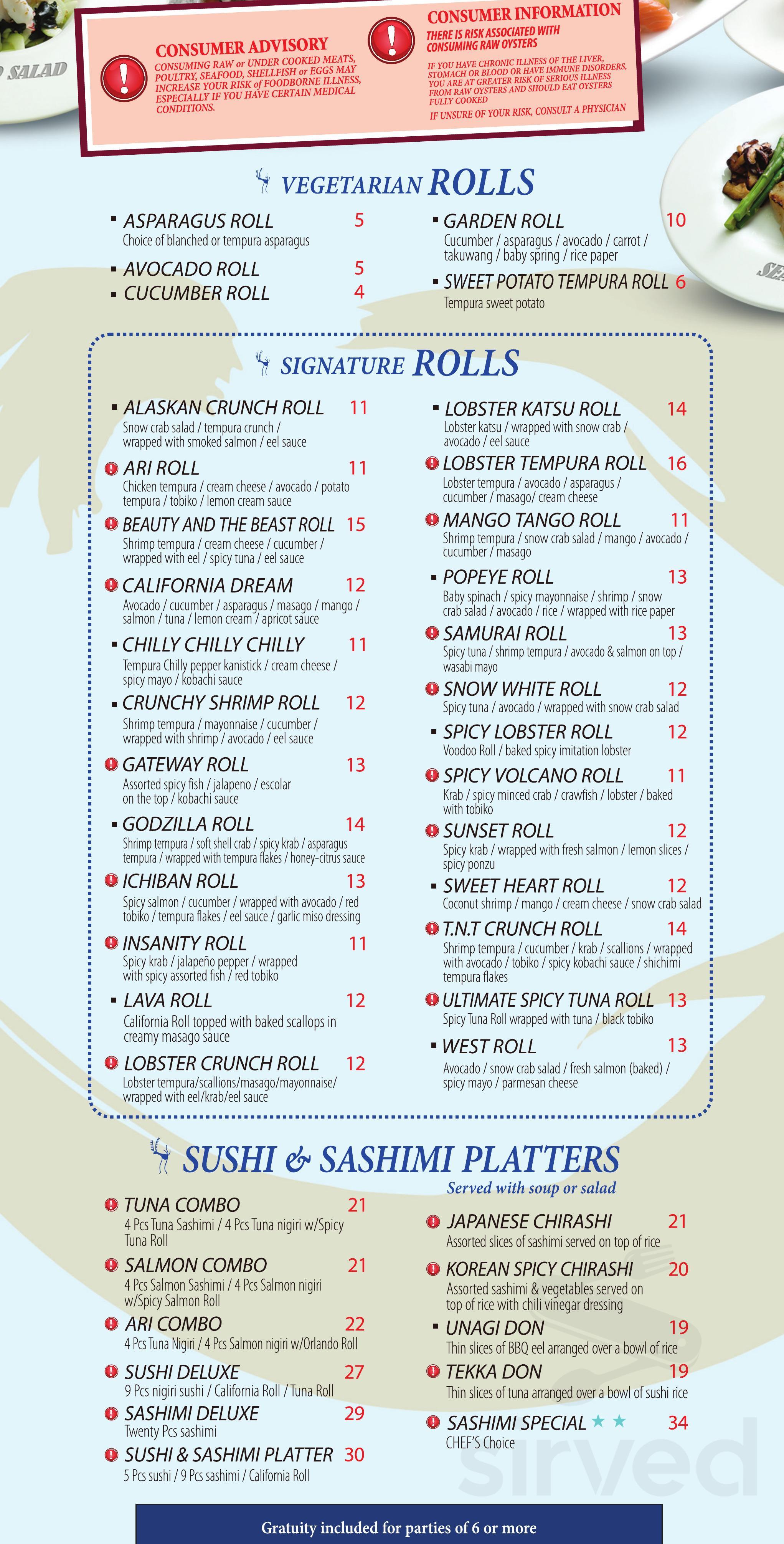 Ari Sushi menu in Celebration, Florida, USA