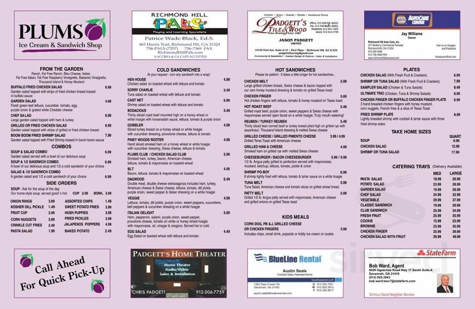 Plums Ice Cream & Sandwich Shop menus in Richmond Hill, Georgia, United ...