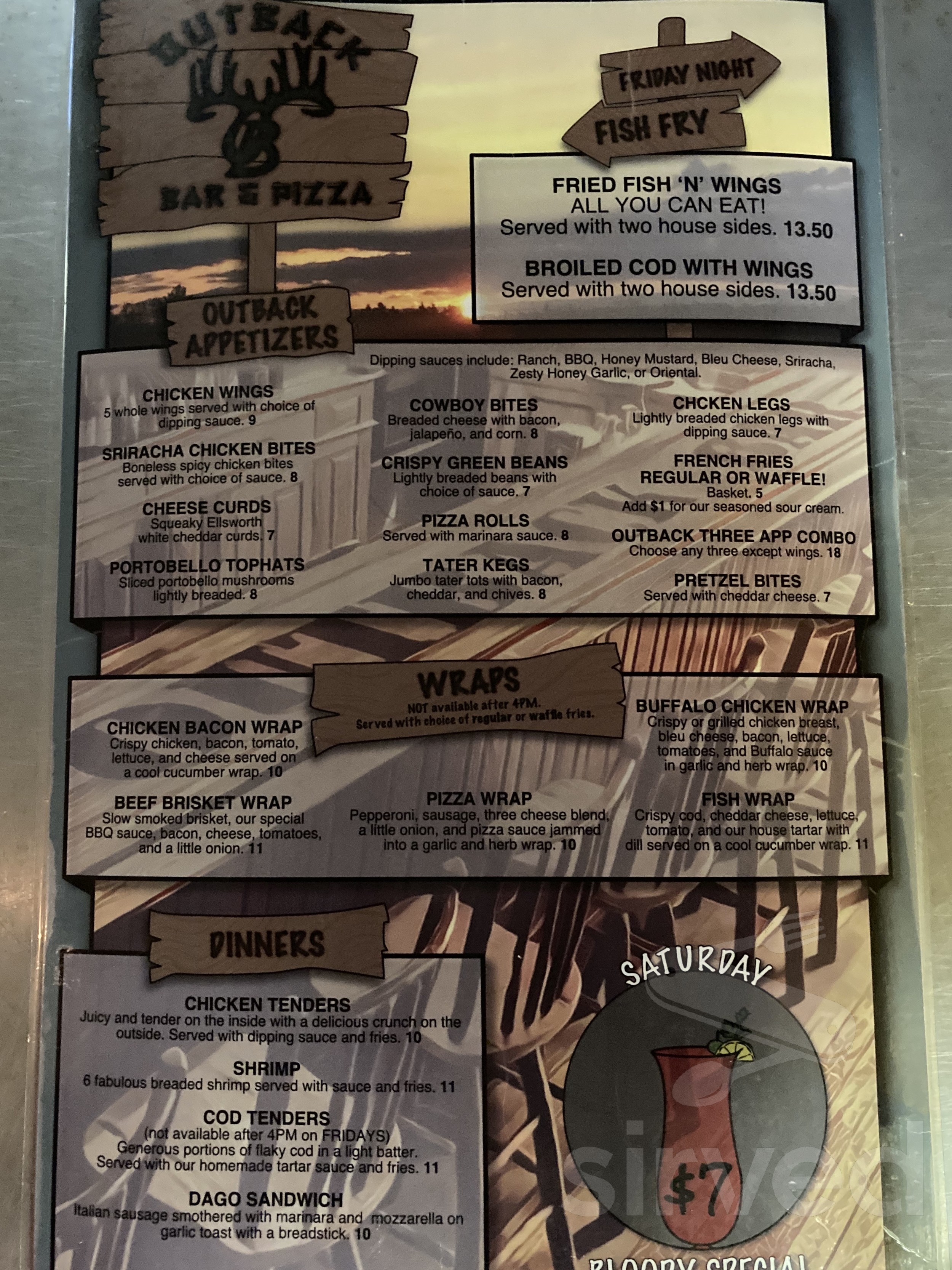 Menu - Hayward WI's Outback Bar and Pizza | Sirved