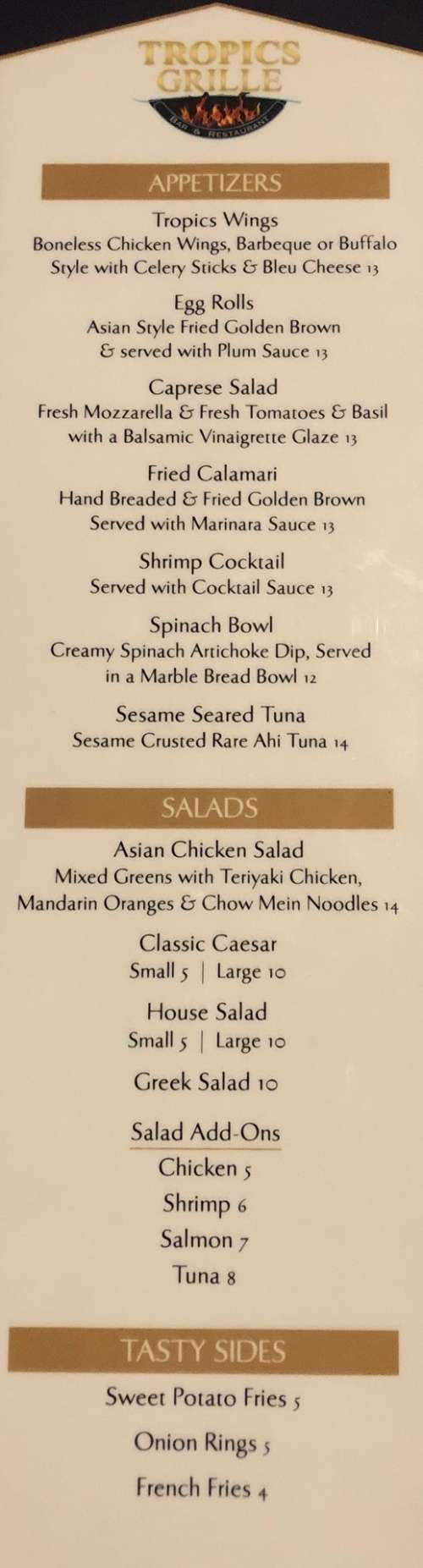 Tropics menu in Fort Lauderdale, Florida, USA