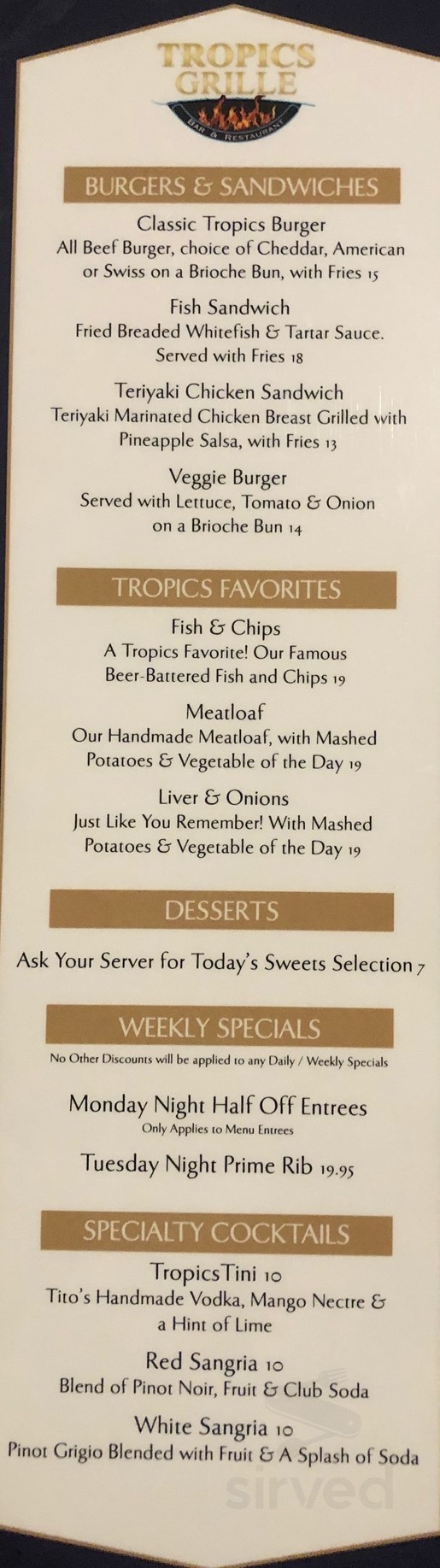 Tropics menu in Fort Lauderdale, Florida, USA
