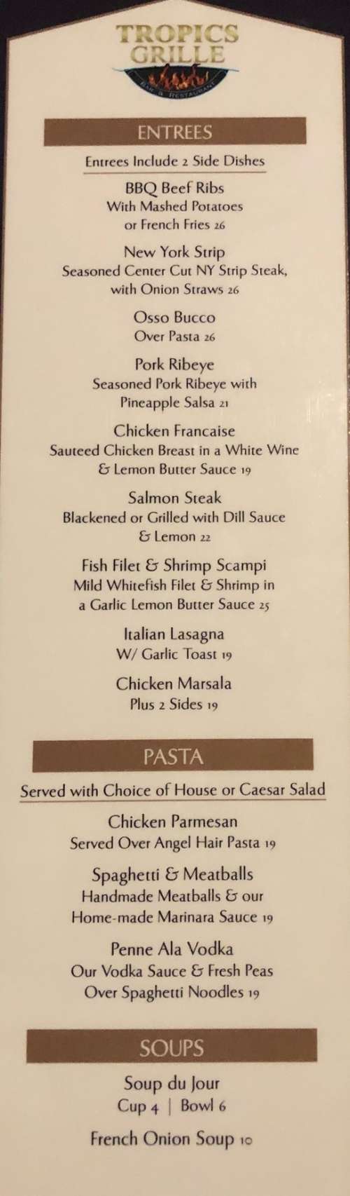 Tropics menu in Fort Lauderdale, Florida, USA