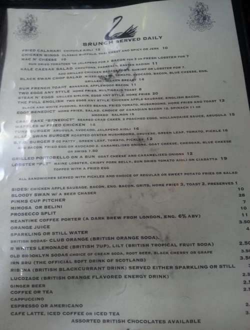 Black Swan menu in Brooklyn, New York, USA