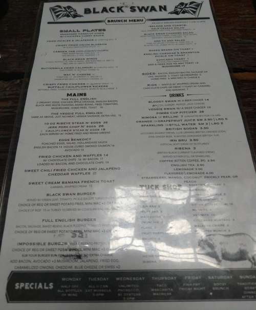 Black Swan menu in Brooklyn, New York, USA