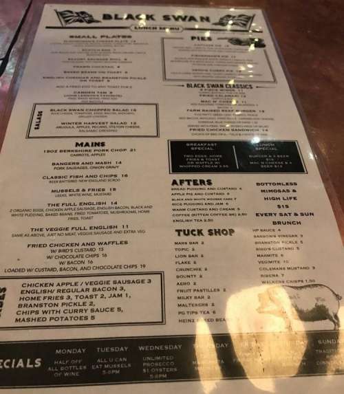 Black Swan menu in Brooklyn, New York, USA