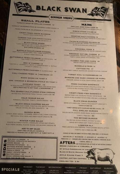 Black Swan menu in Brooklyn, New York, USA