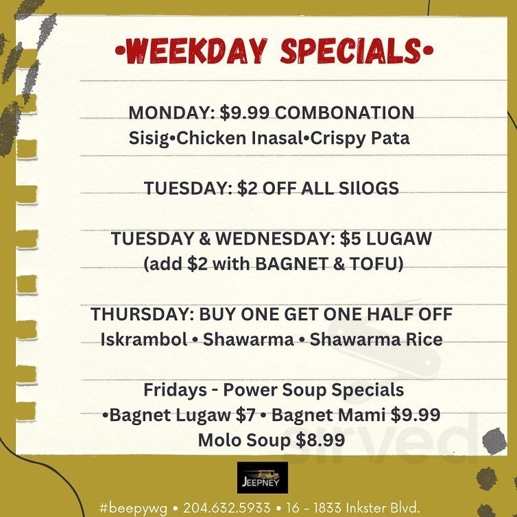 Jeepney Restaurant menus in Winnipeg, Manitoba, Canada