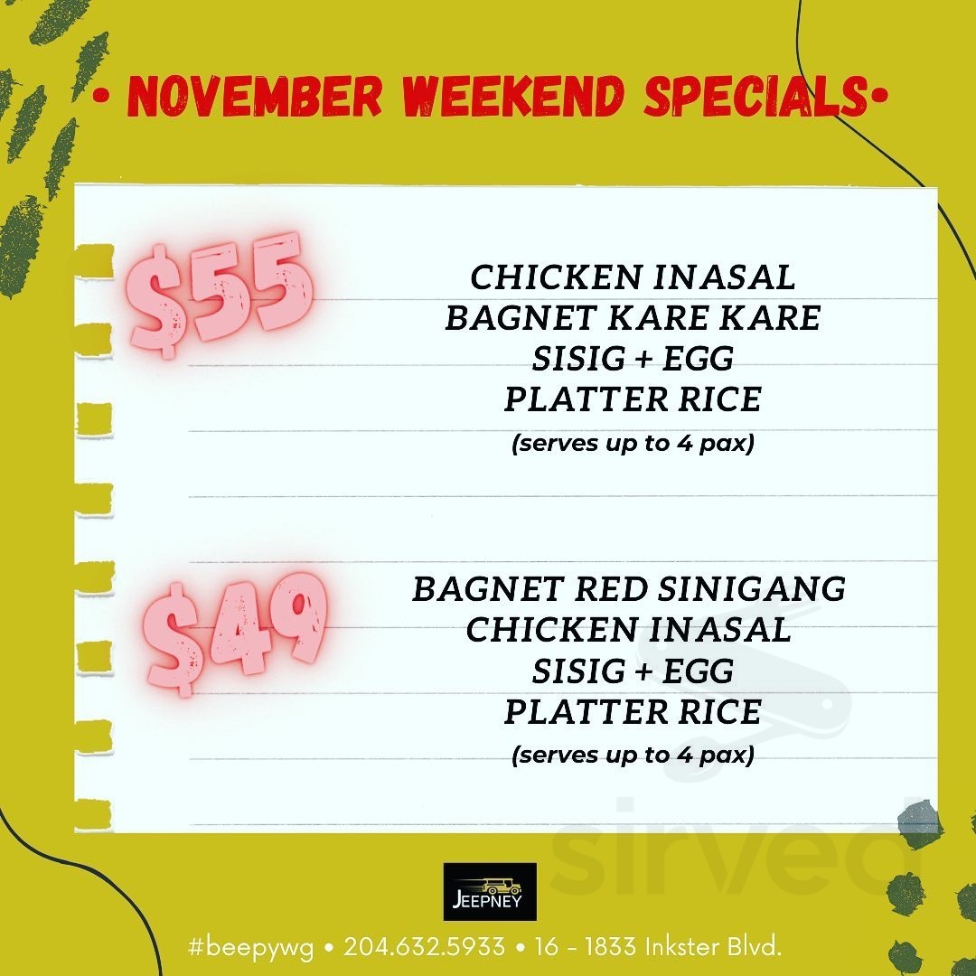 Menu - Winnipeg MB's Jeepney Restaurant | Sirved