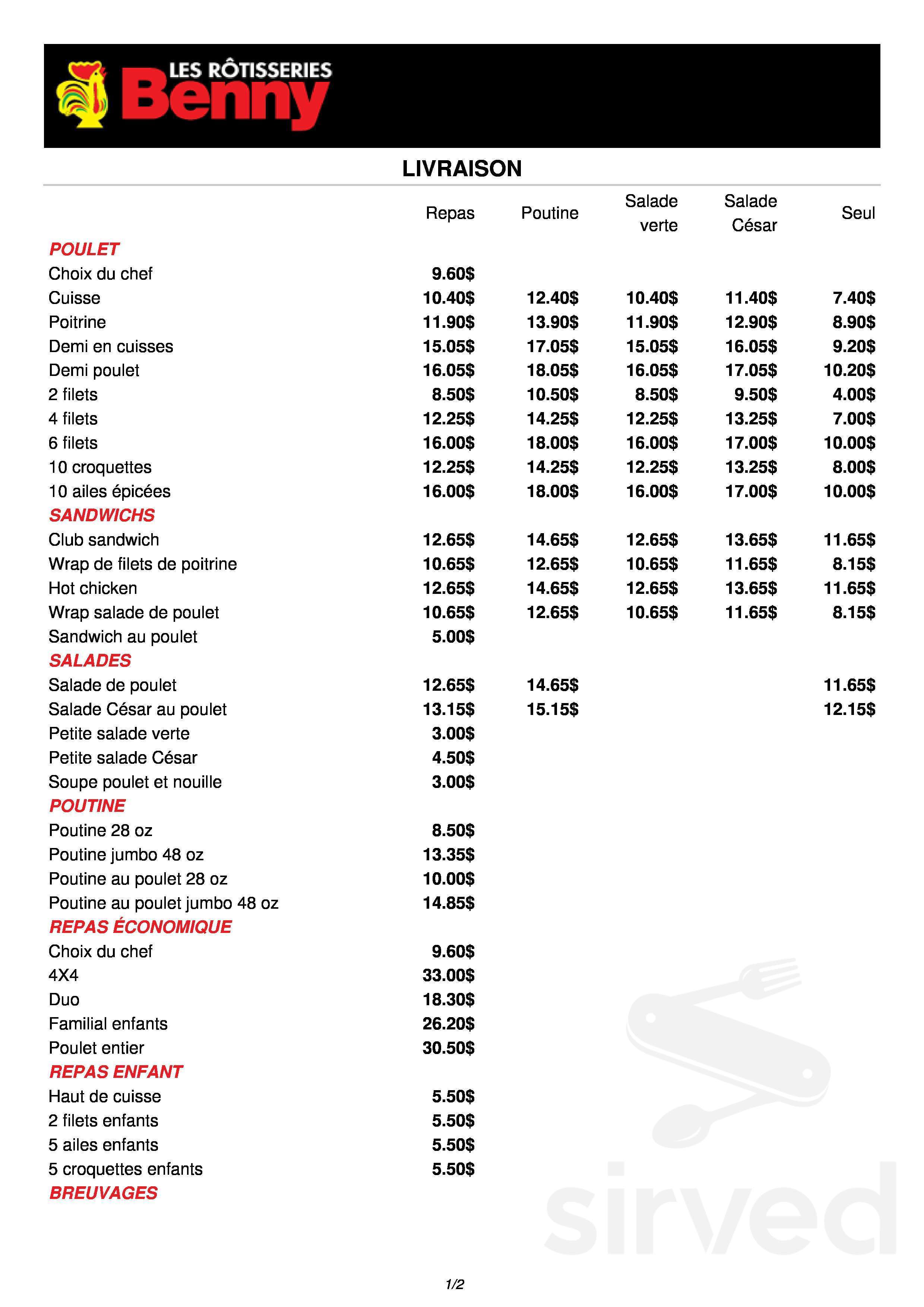 Les Rôtisseries Benny - Bouvier menus in Québec City, Quebec, Canada