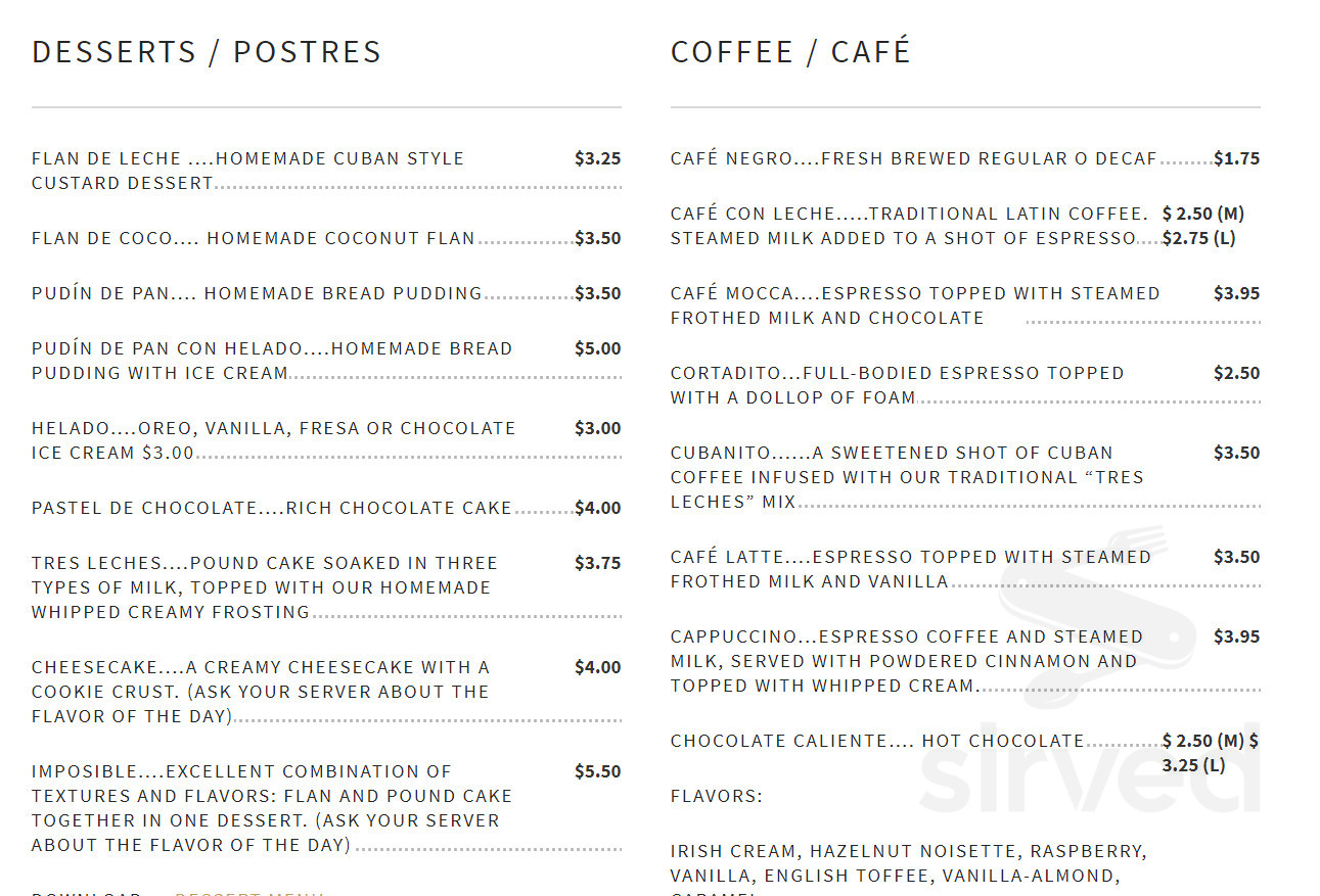 Tierra Colombiana Restaurant menu in Philadelphia, Pennsylvania, USA