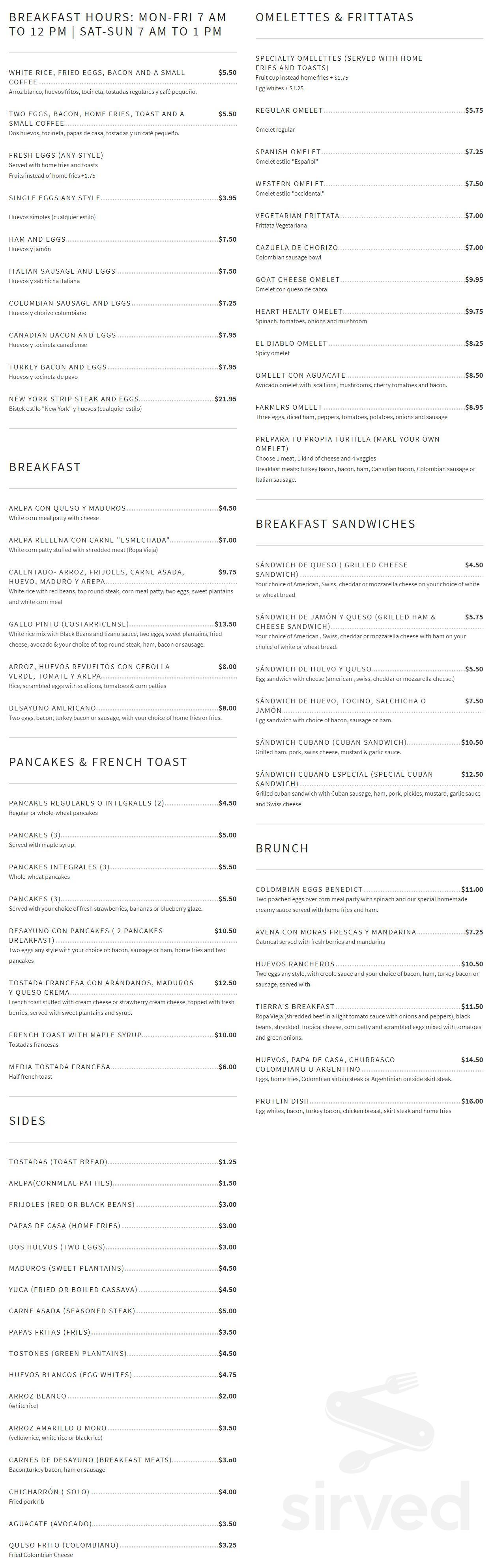 Tierra Colombiana Restaurant menu in Philadelphia, Pennsylvania, USA