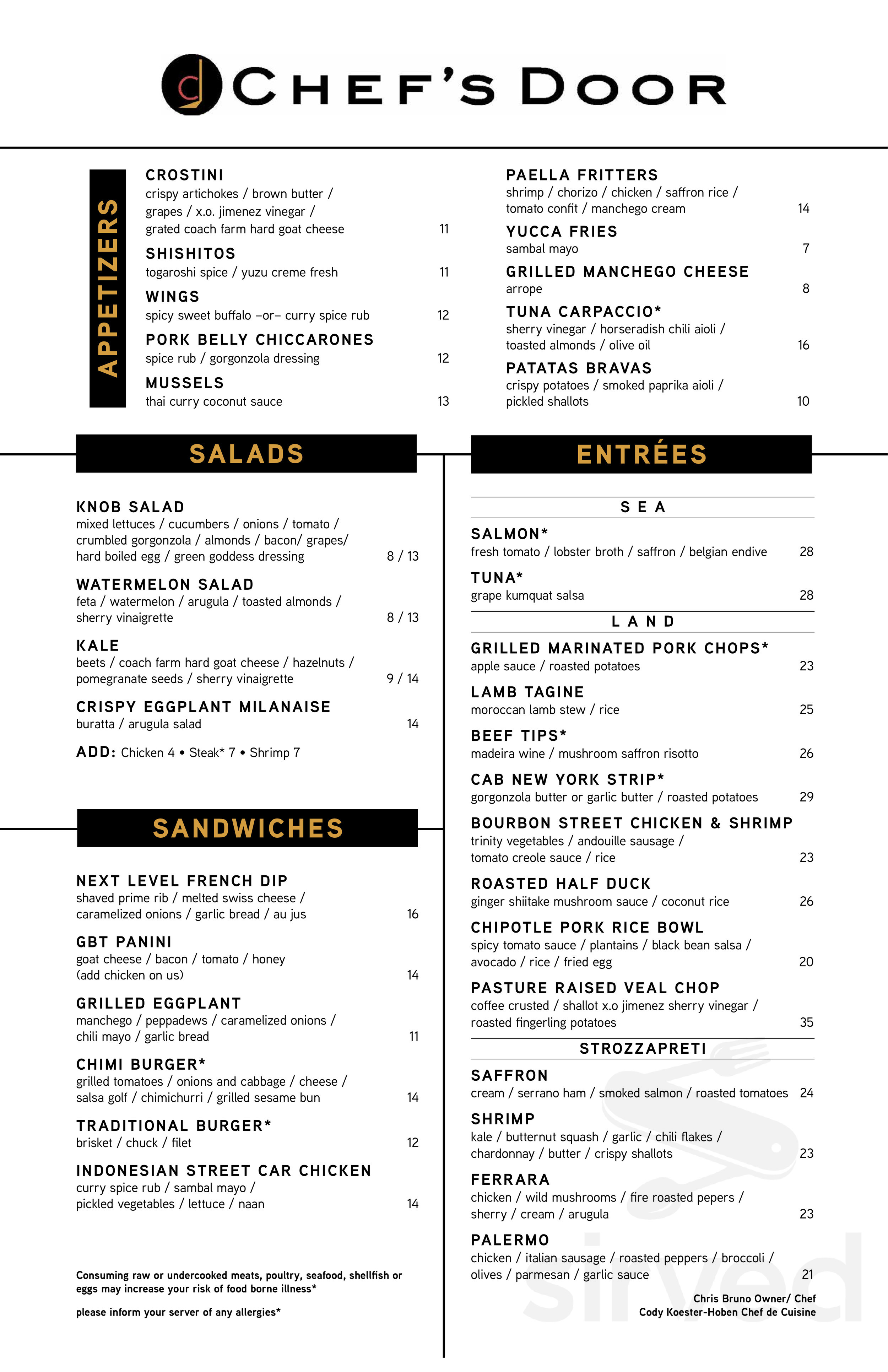 Chef's Door menu in Watertown, Connecticut, USA