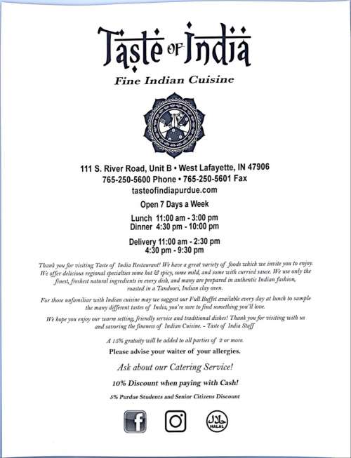 Taste of India menu in West Lafayette, Indiana, USA