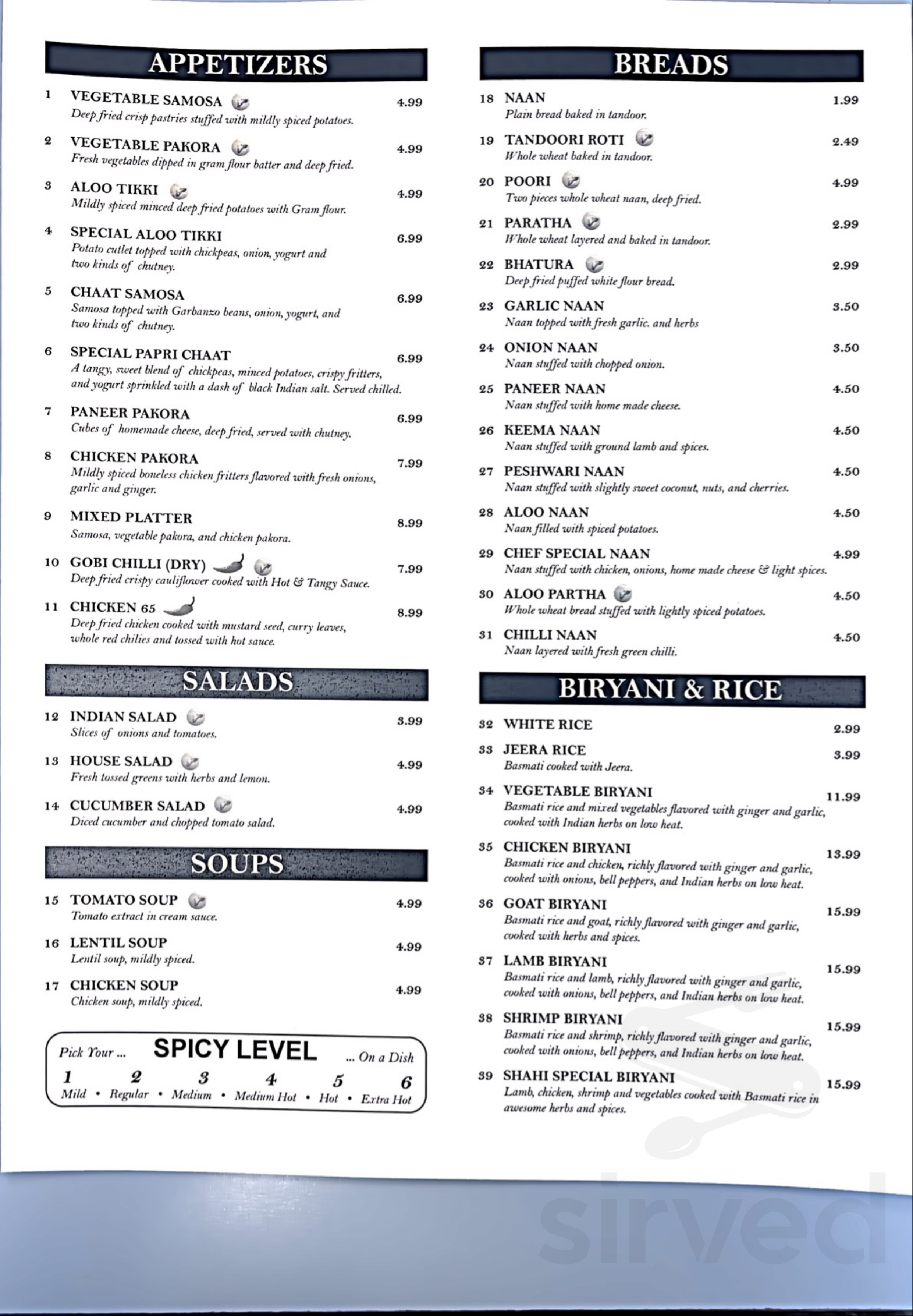 Taste of India menu in West Lafayette, Indiana, USA