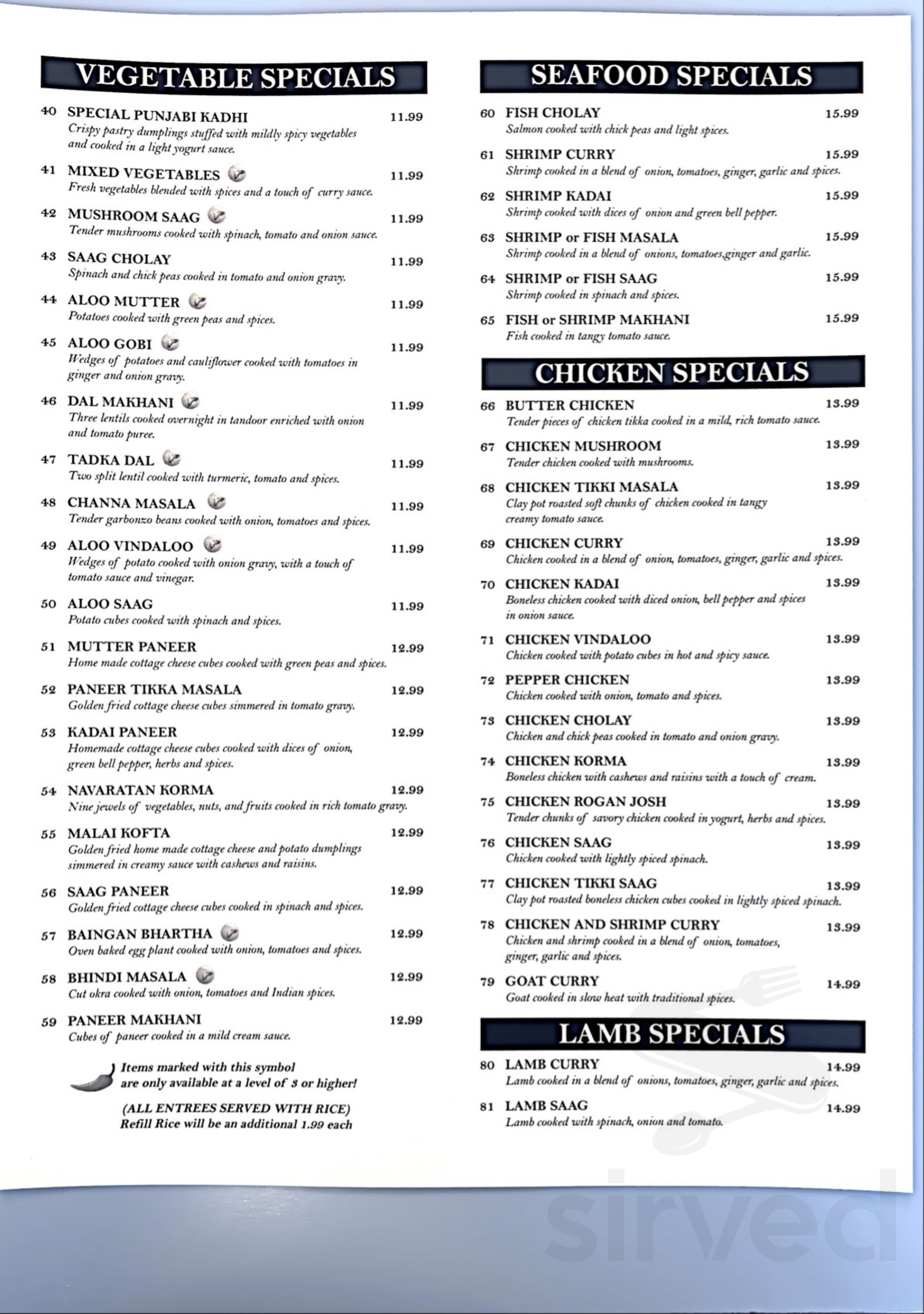 Taste of India menu in West Lafayette, Indiana, USA