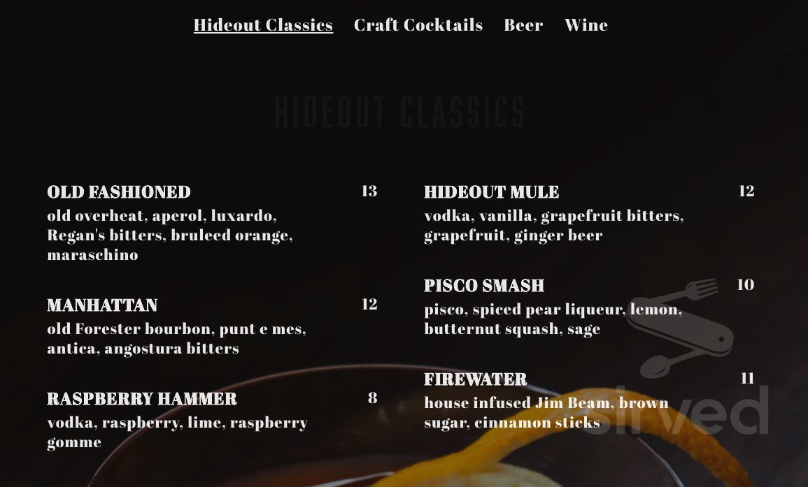 Hideout 125 menu in Fort Wayne, Indiana, USA