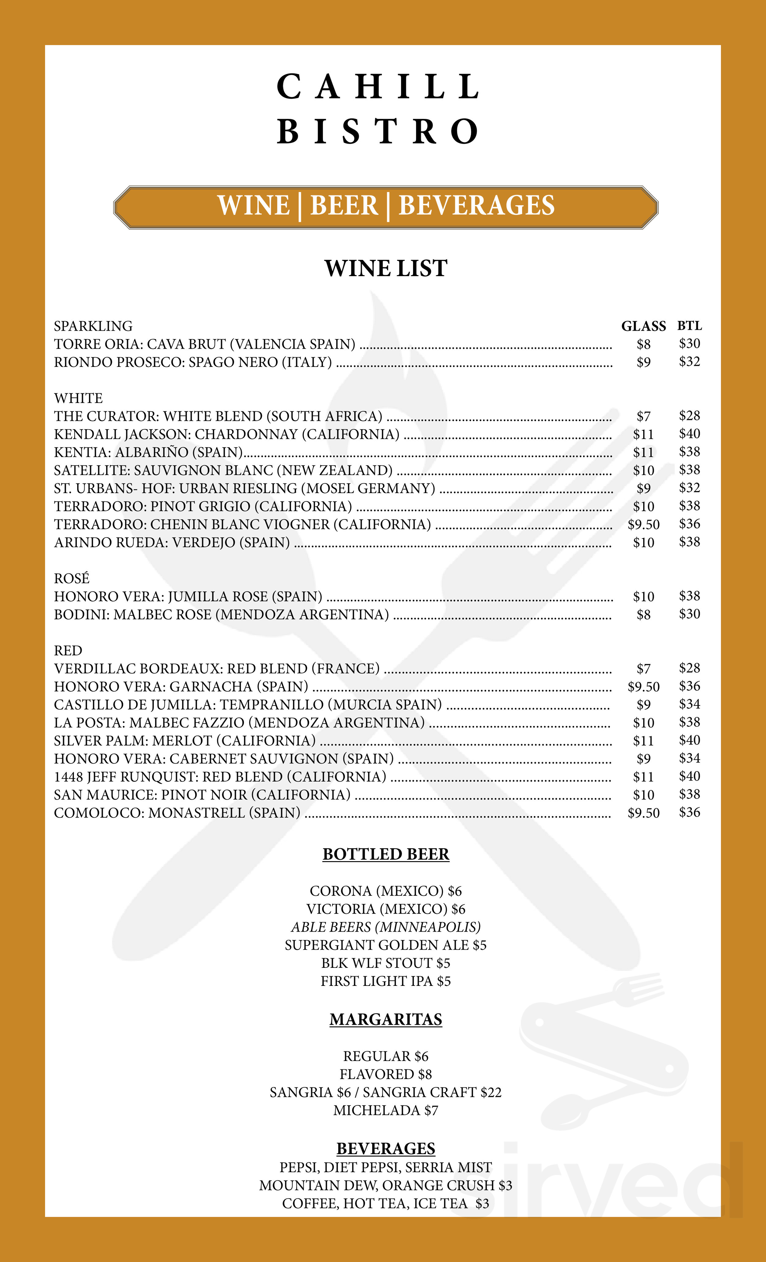 Cahill Bistro menu in Edina, Minnesota, USA