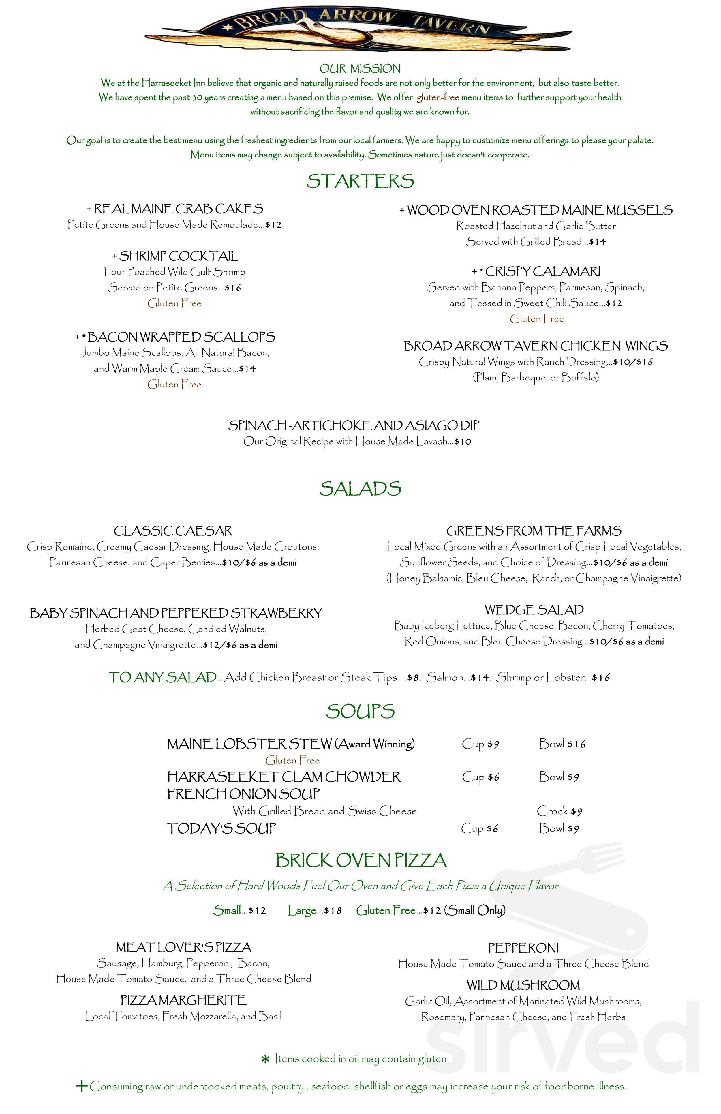 Menu for Broad Arrow Tavern in Freeport, ME | Sirved