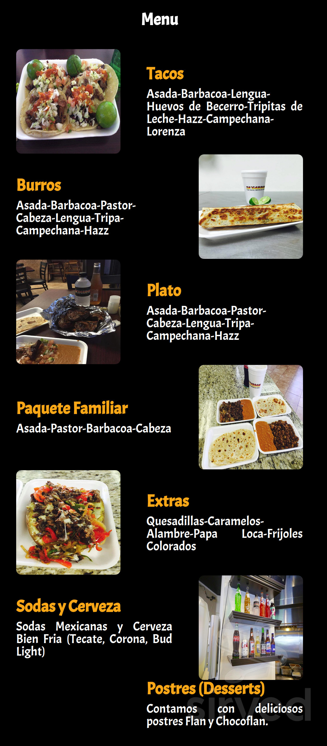 Menu for Ta'Carbon Mexican Grill in Glendale, AZ | Sirved