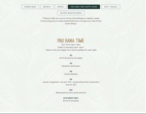 Pau Hana menu in Savage, Minnesota, USA