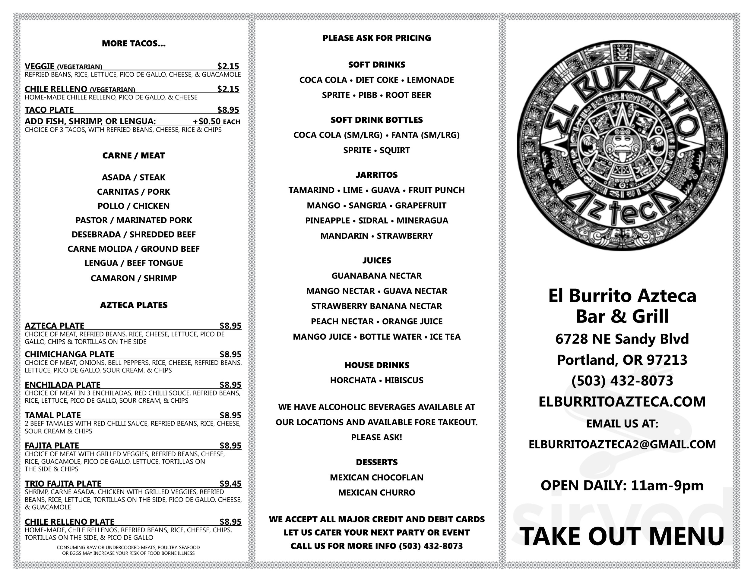 Menu for El Burrito Azteca | Sandy Blvd - Portland, OR | Sirved