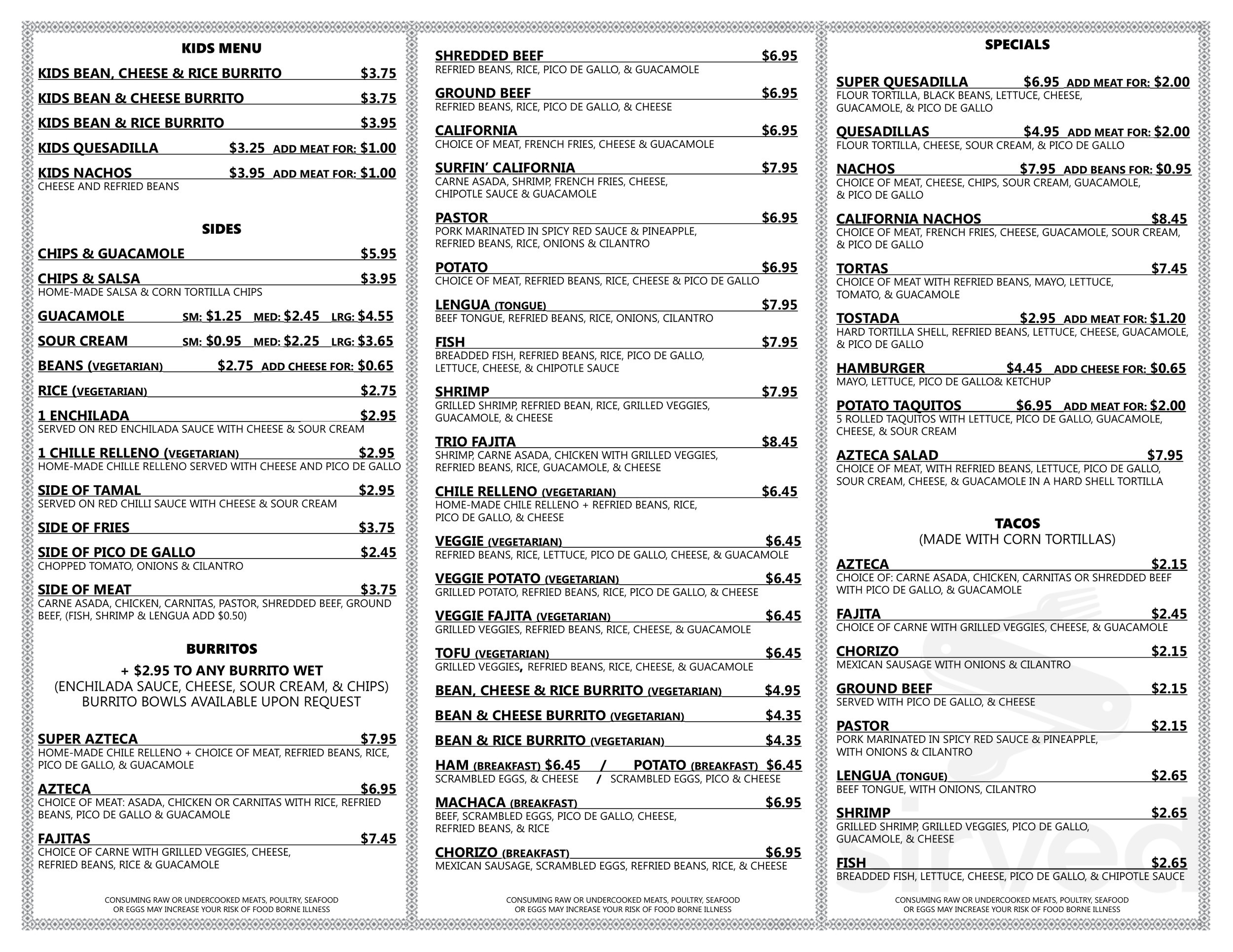 El Burrito Azteca | Sandy Blvd menu in Portland, Oregon, USA