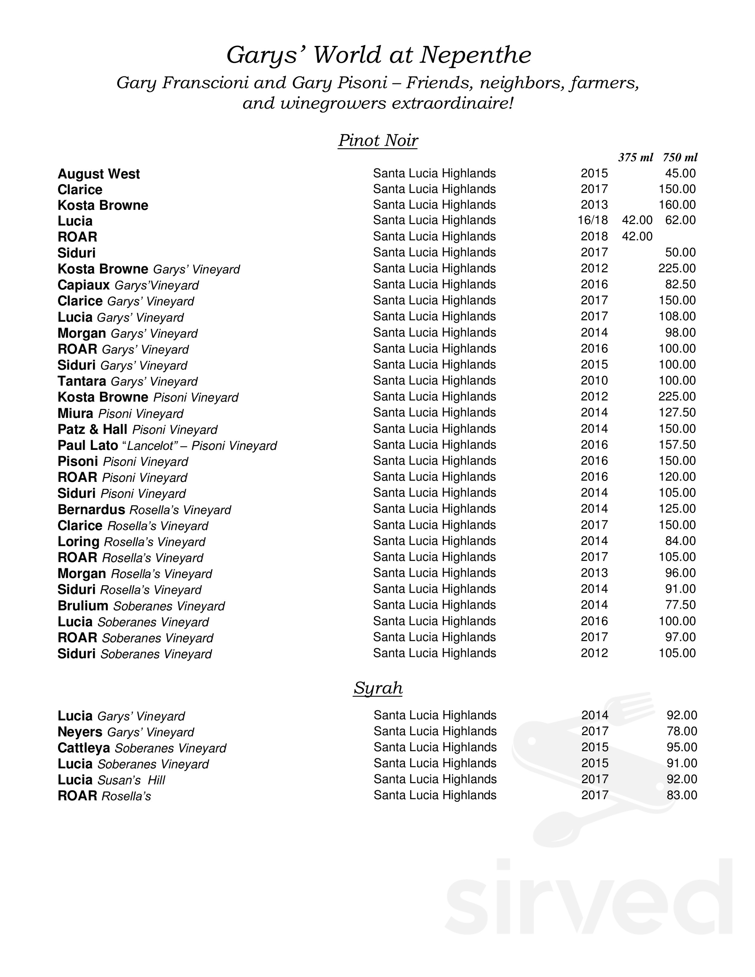 Menu for Nepenthe in Big Sur, CA | Sirved