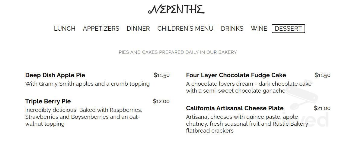 Menu for Nepenthe in Big Sur, CA | Sirved