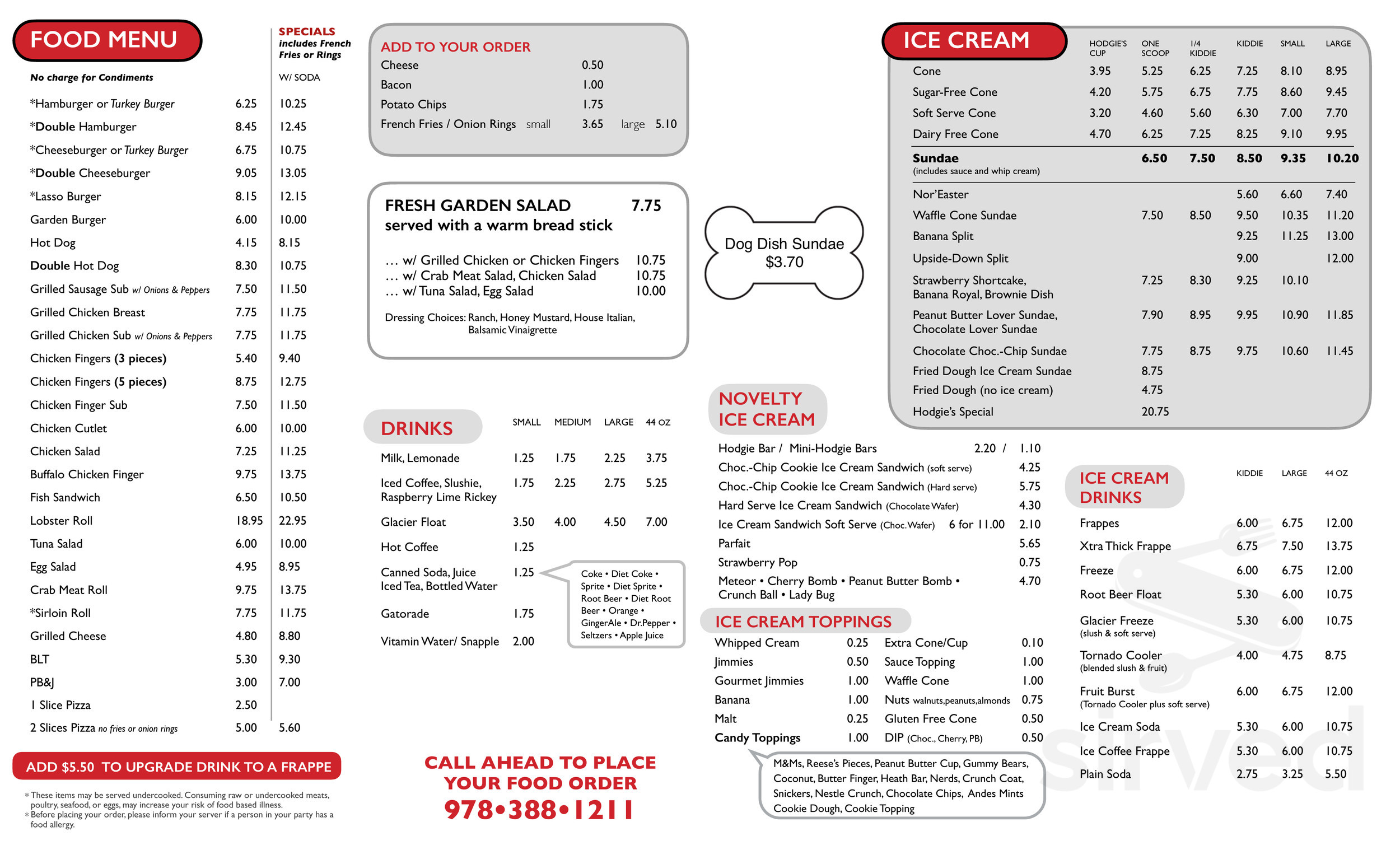 Hodgie's Ice Cream menu in Amesbury, Massachusetts, USA