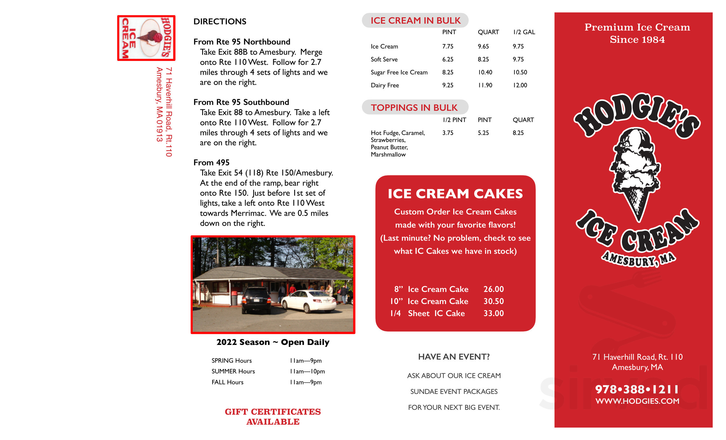 Hodgie's Ice Cream menu in Amesbury, Massachusetts, USA