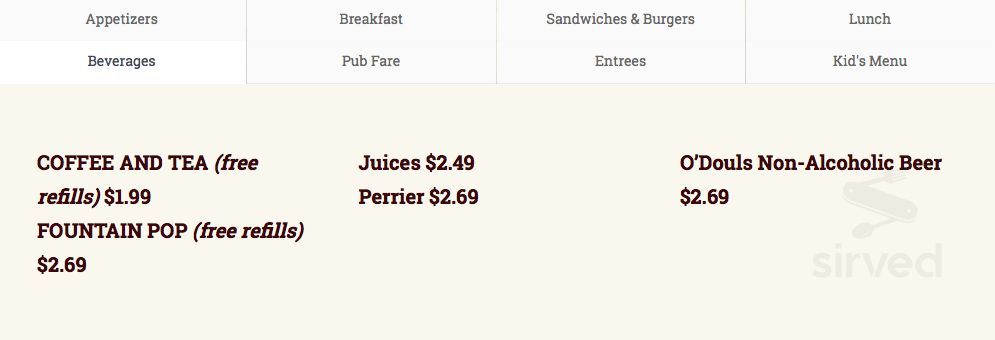 Cobblestone Public House menu in Paris, Ontario, Canada