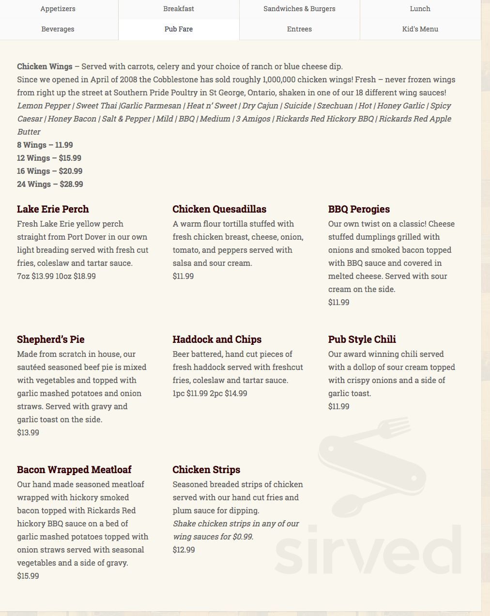Cobblestone Public House menu in Paris, Ontario, Canada