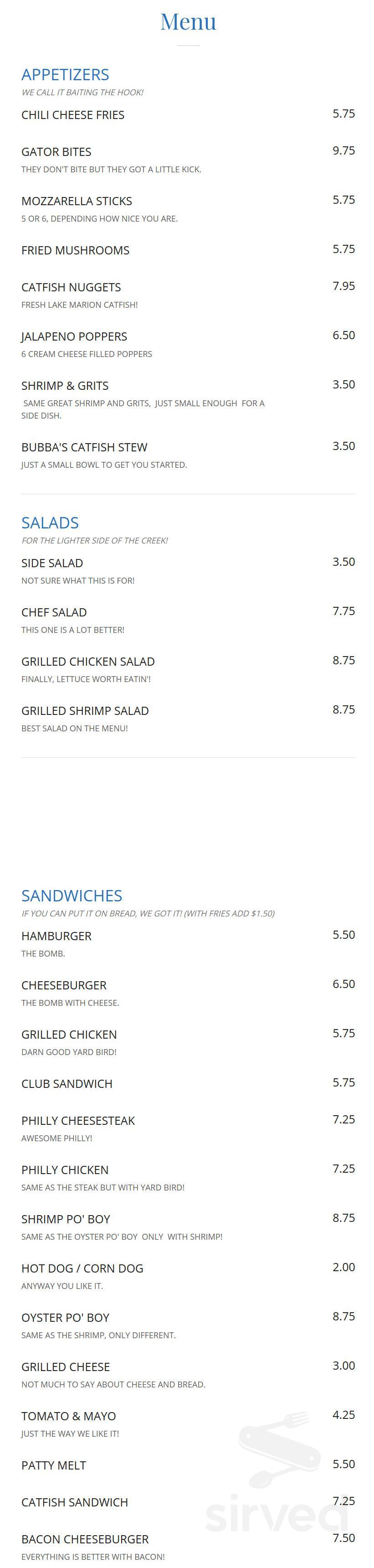 Menu - Elloree SC's Creekside Grill | Sirved