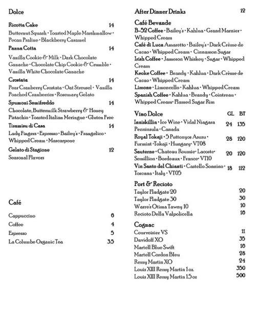 Acqua di Luca menu in Cleveland, Ohio, USA