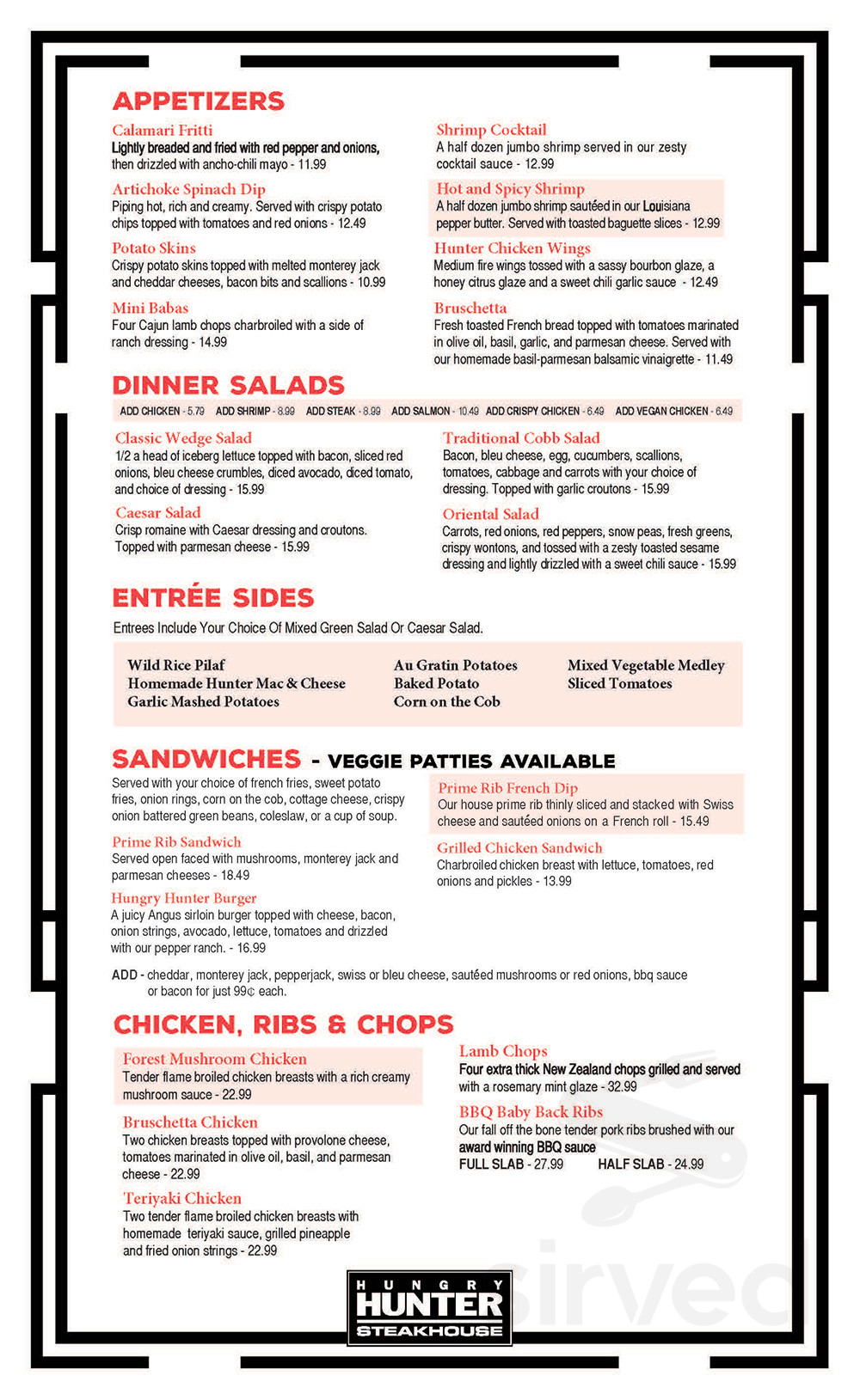 Hungry Hunter Steakhouse menu in Bakersfield, California, USA