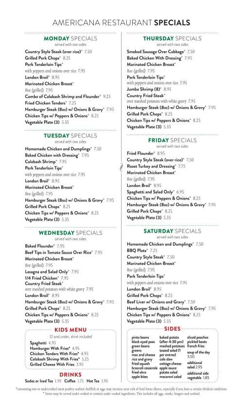 Americana Restaurant menu in Matthews, North Carolina, USA