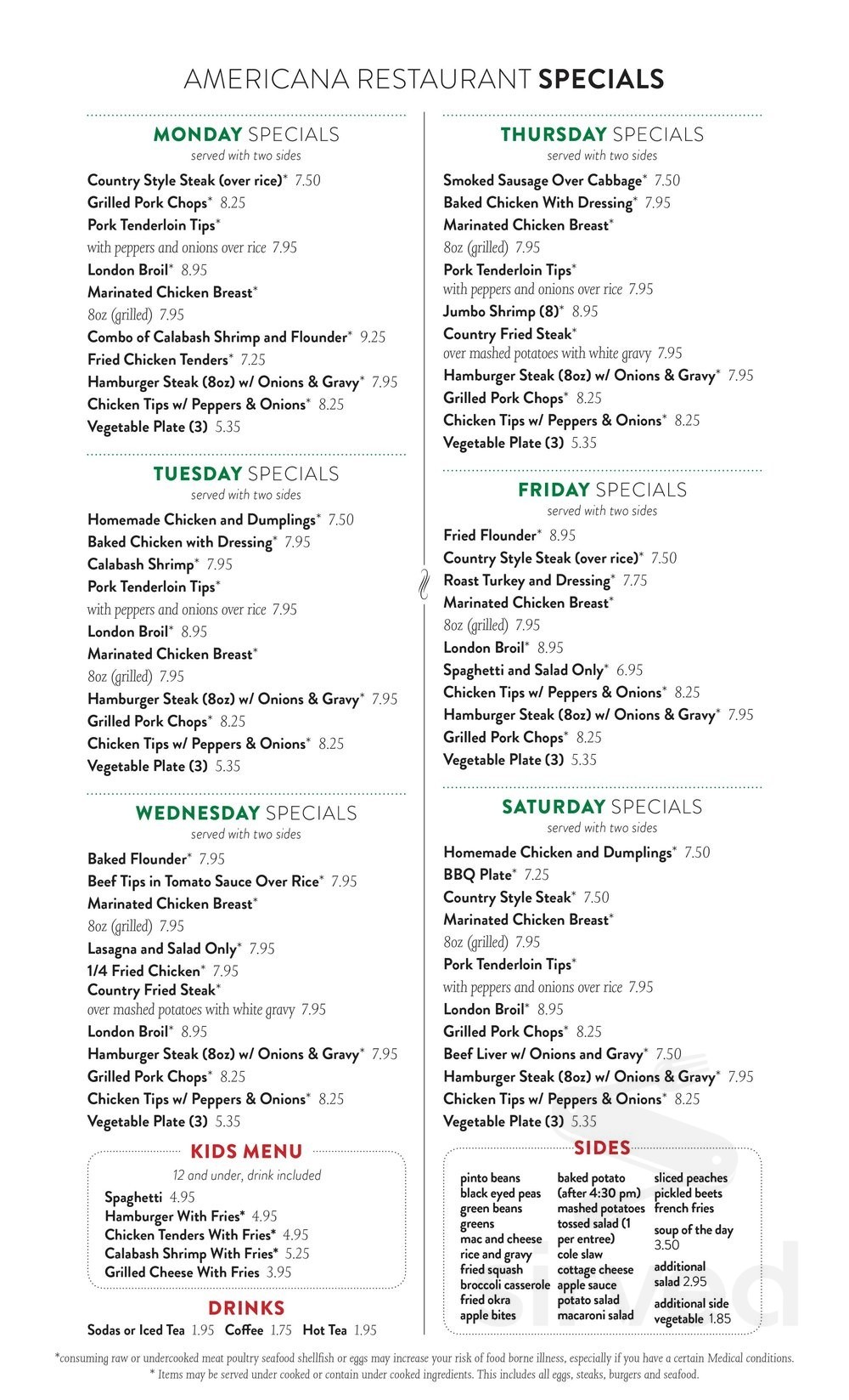 Menu for Americana Restaurant in Matthews, NC | Sirved