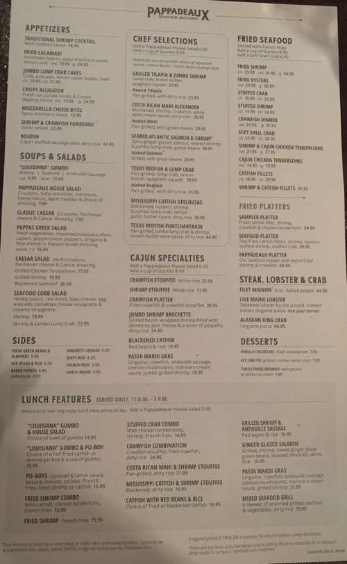 Pappadeaux Seafood Kitchen menu in Houston, Texas, USA