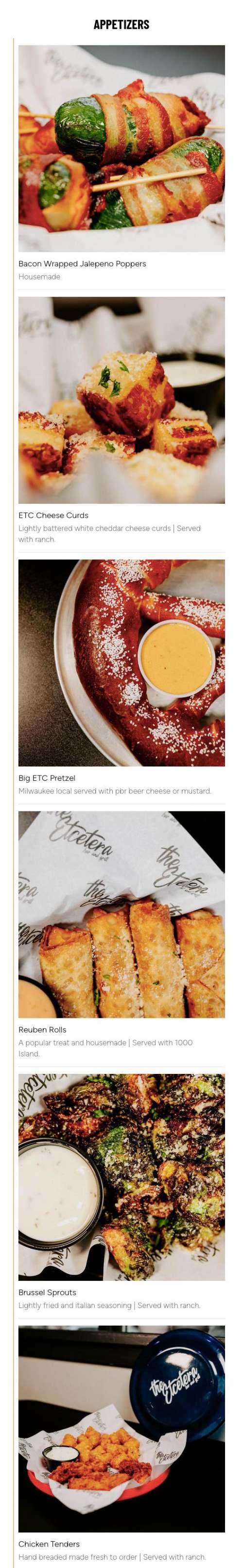 The Etcetera Bar and Grill menu in Oconomowoc, Wisconsin, USA