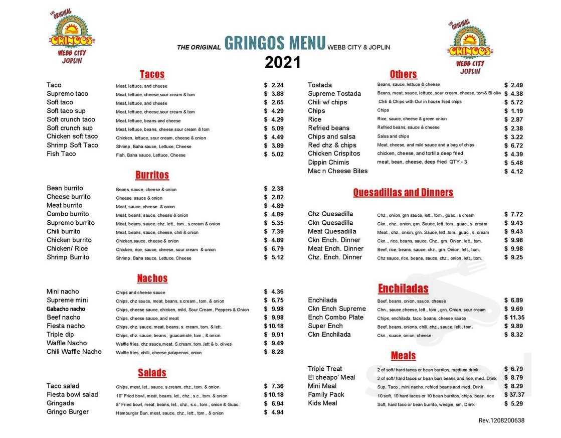Menu for Joplin Gringos in Joplin, MO | Sirved