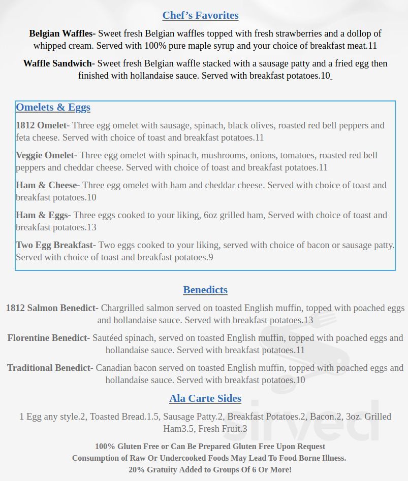 1812 Food & Spirits menu in Port Clinton, Ohio, USA