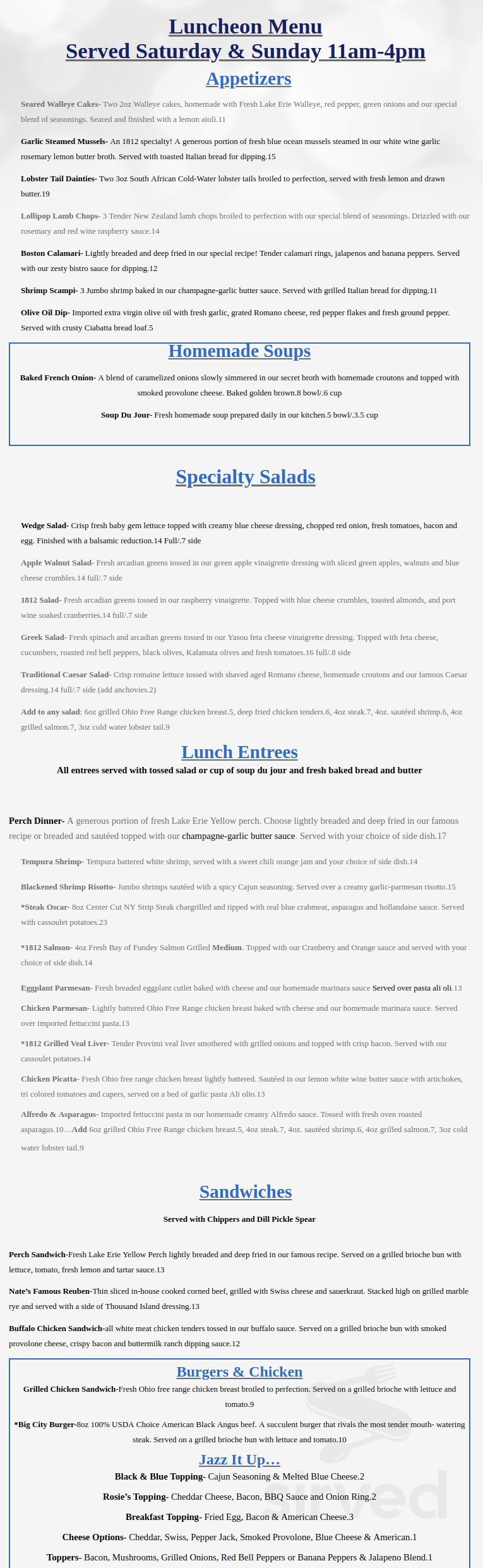 1812 Food & Spirits menu in Port Clinton, Ohio, USA