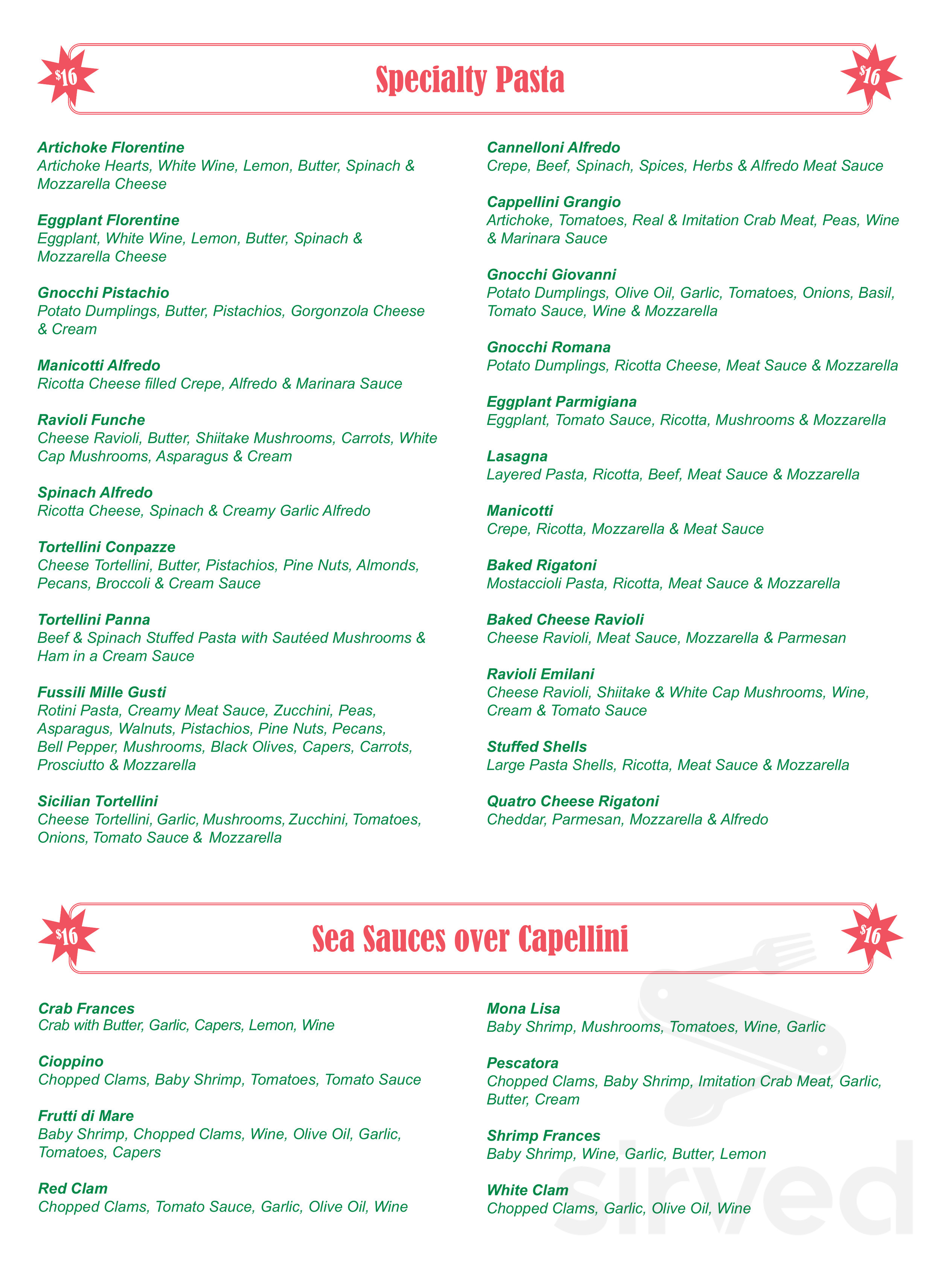 Victoria's Italian Cuisine menu in Appleton, Wisconsin, USA