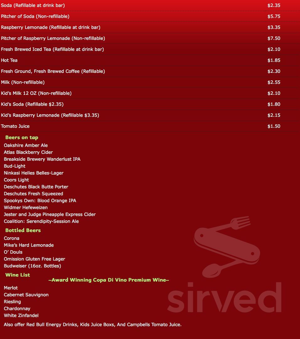 Menu for Spooky's Pizza in The Dalles, OR | Sirved