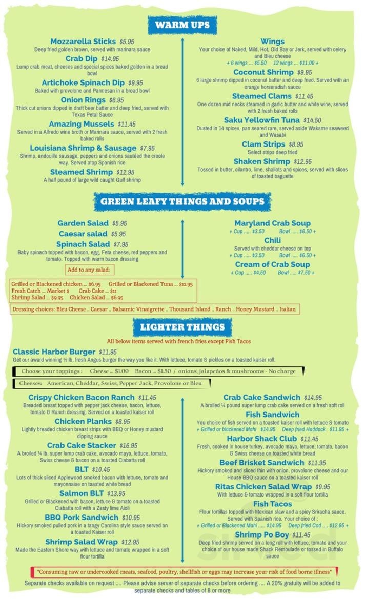 Harbor Shack menu in Rock Hall, Maryland, USA