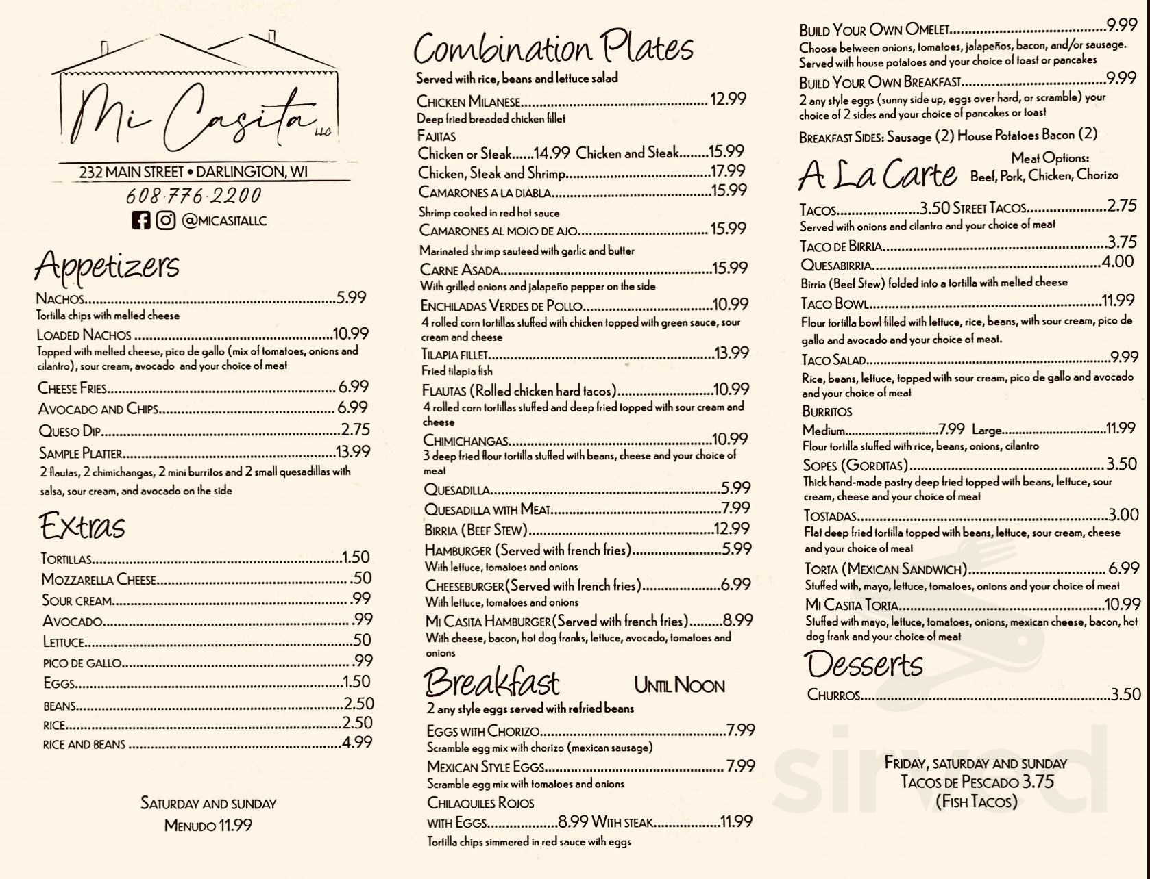 Menu - Darlington WI's Mi Casita llc Authentic Mexican Food | Sirved